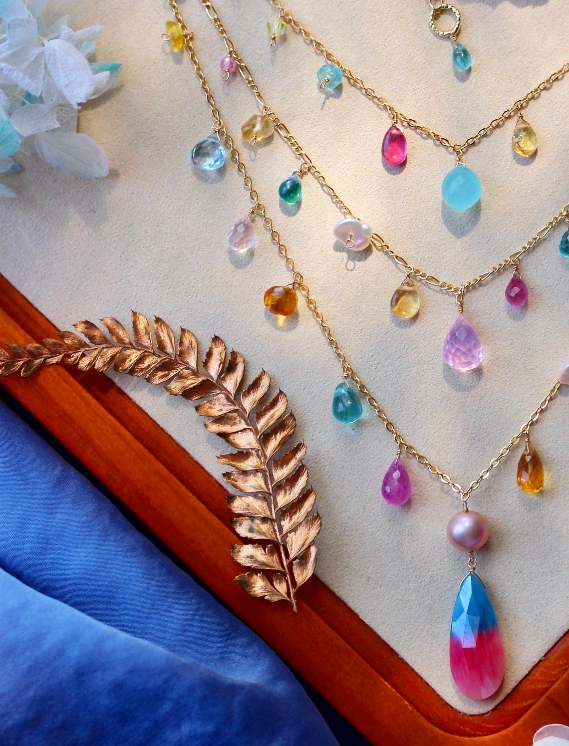 Pink / Blue Themed Gemstone Complex Delicate Multi Strands Necklace ...