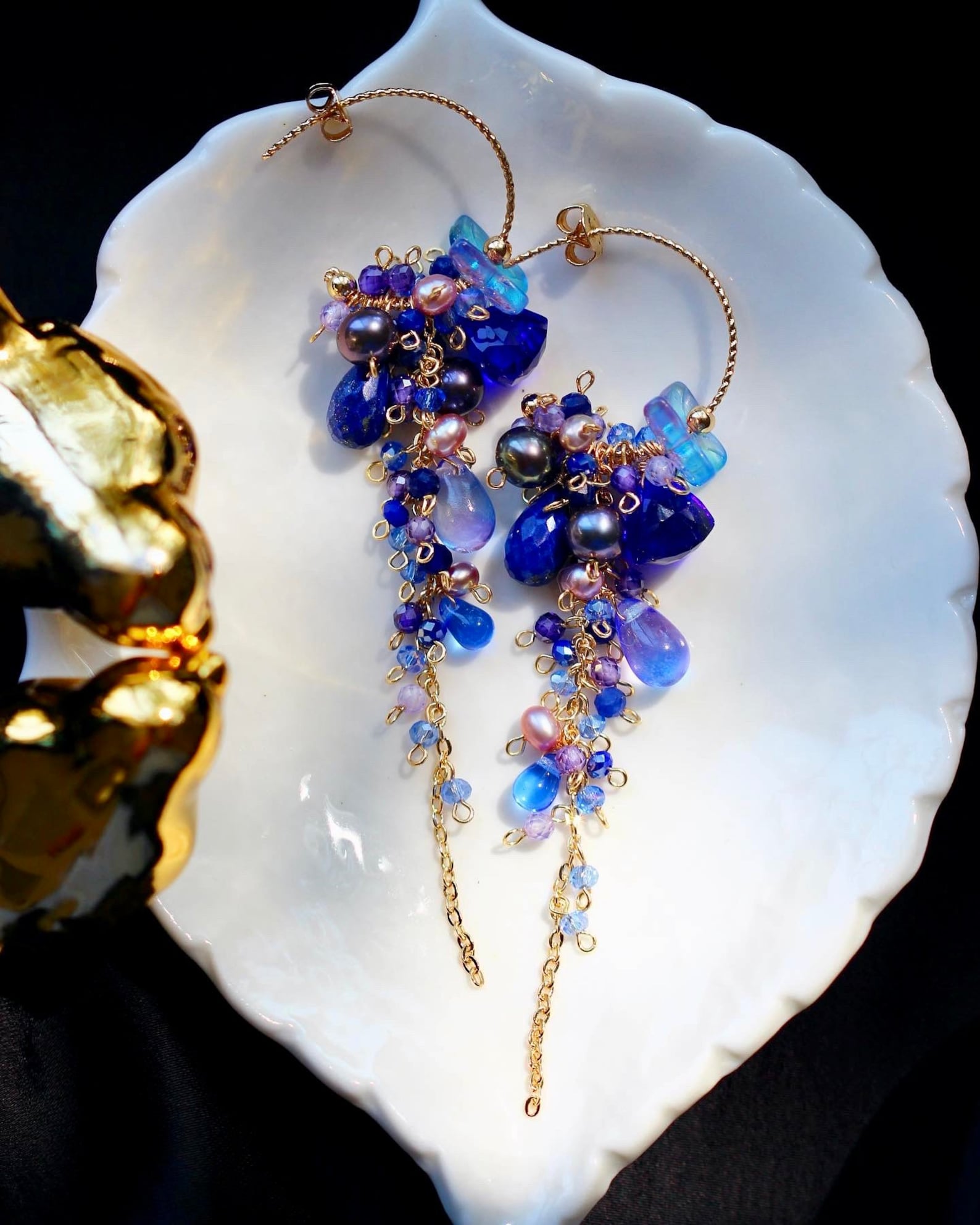 Royal Blue Quartz / Lapis Lazuli / Pearl Handmade 14K Gold Filled Hoop ...
