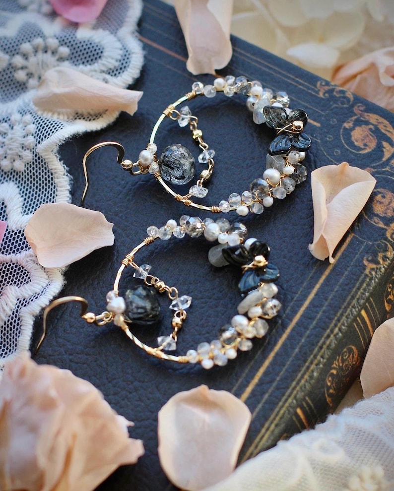 Black Hair Quartz Handmade Gemstone Butterfly Floral Cluster Hoop ...