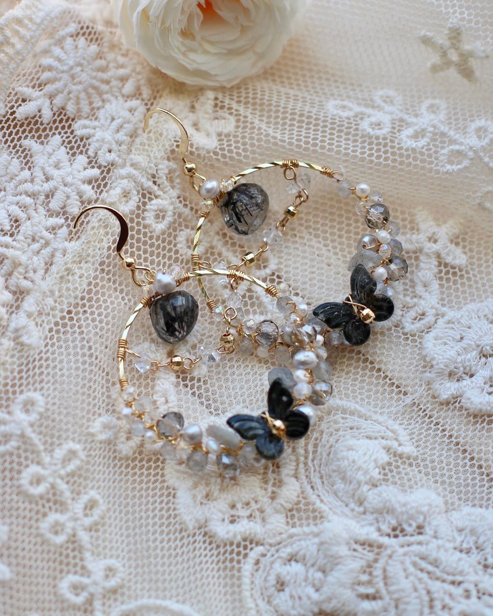 Black Hair Quartz Handmade Gemstone Butterfly Floral Cluster Hoop ...