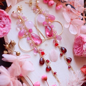 Pink Ruby / Rose Quartz / Garnet Heart Shape Dangle Stud Earrings ...