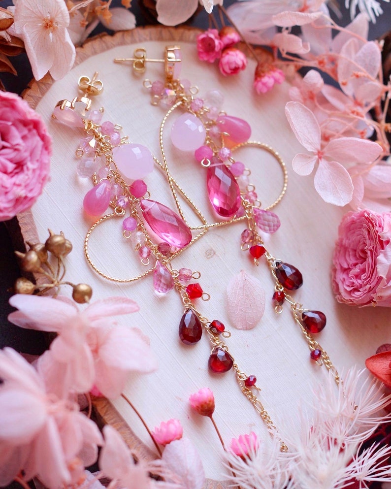 Pink Ruby / Rose Quartz / Garnet Heart Shape Dangle Stud Earrings ...