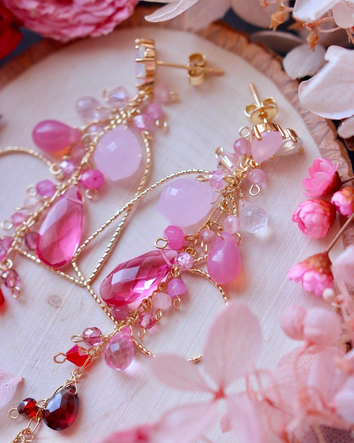 Pink Ruby / Rose Quartz / Garnet Heart Shape Dangle Stud Earrings ...