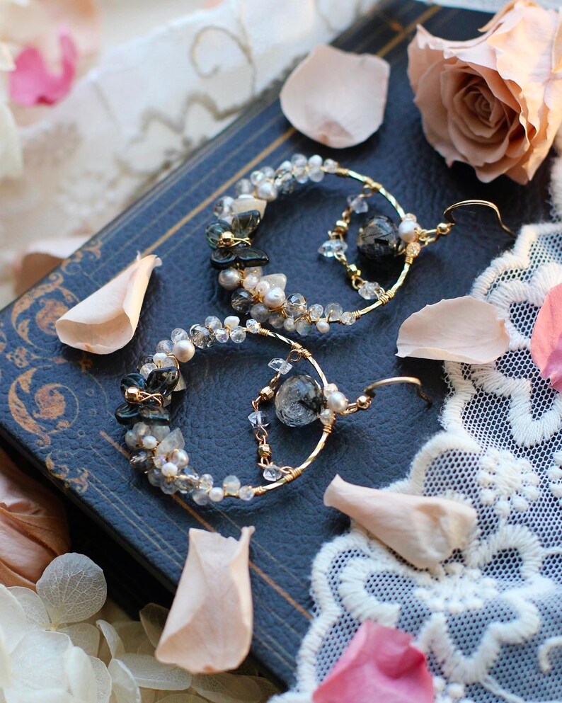 Black Hair Quartz Handmade Gemstone Butterfly Floral Cluster Hoop ...