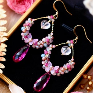 Rhodolite Pink / Rose Quartz / Ruby Floral Cluster Hoop Dangle Earrings ...