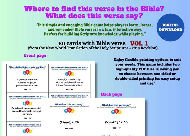 JW Bible Verse Games | Bible Trivia Flash Cards | 80 Printable Cards ...
