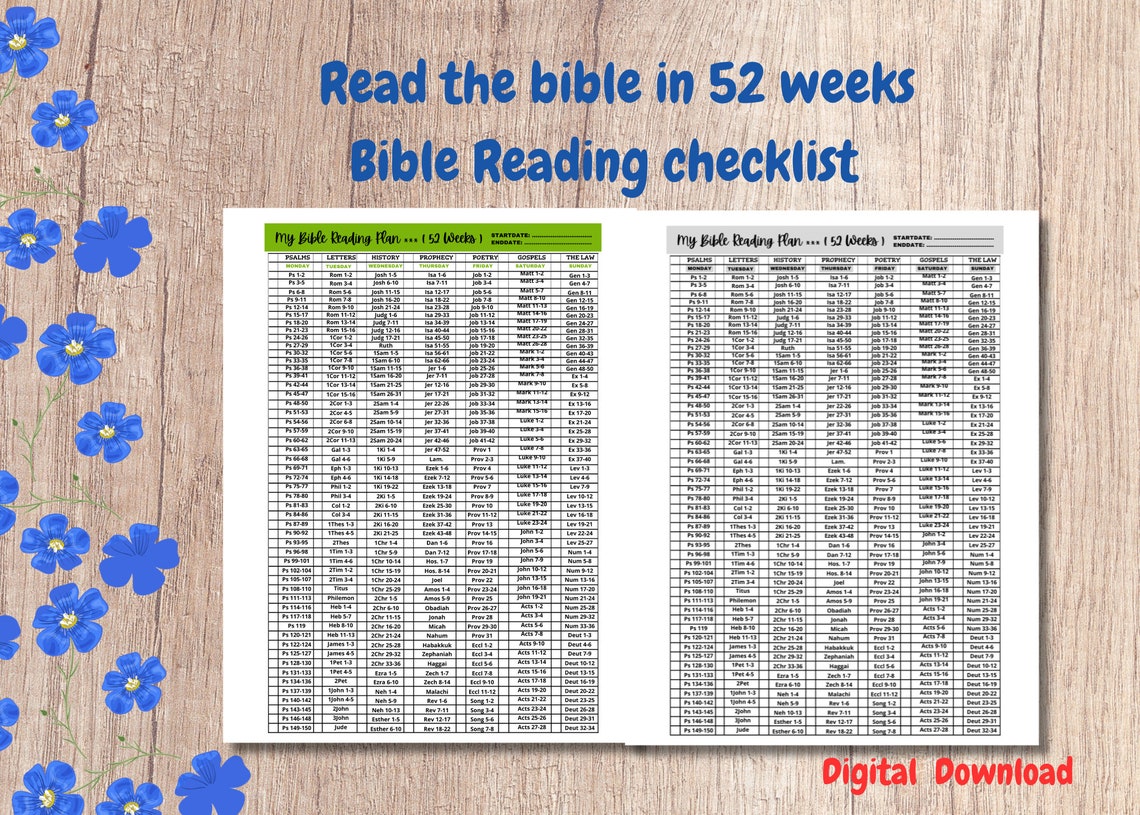 Read the Bible in 52 Weeks in 2 Designs Bible Reading Schedule INSTANT ...
