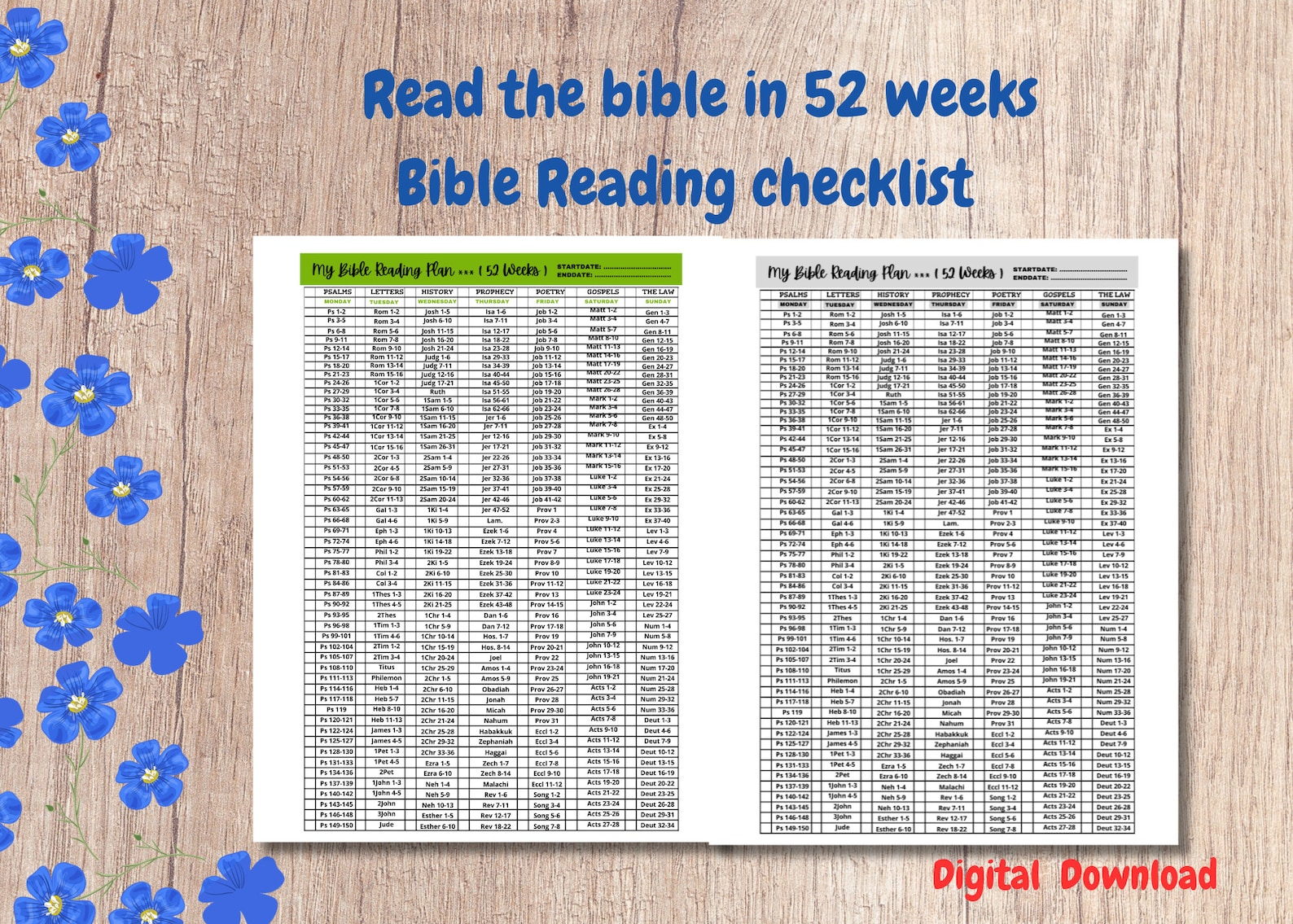 Read the Bible in 52 Weeks in 2 Designs Bible Reading Schedule INSTANT ...