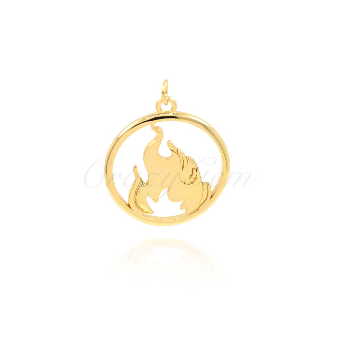 Gold Plated Brass Round Flame Pendant, Flame Charm, Minimalist Jewelry ...
