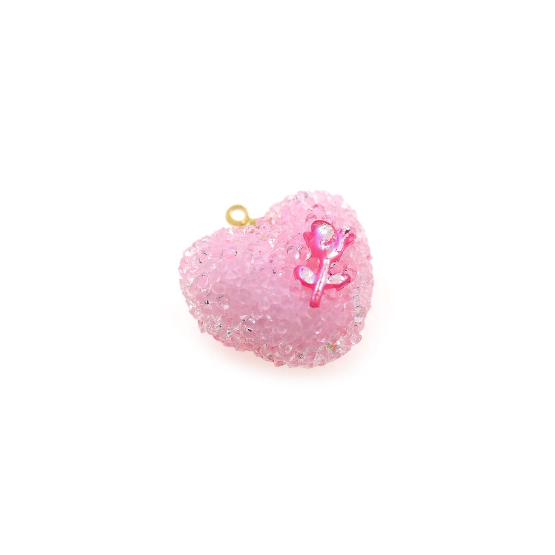 Pink Heart Pendant With Crystal Texture and Flower Accent, Cute Charm ...