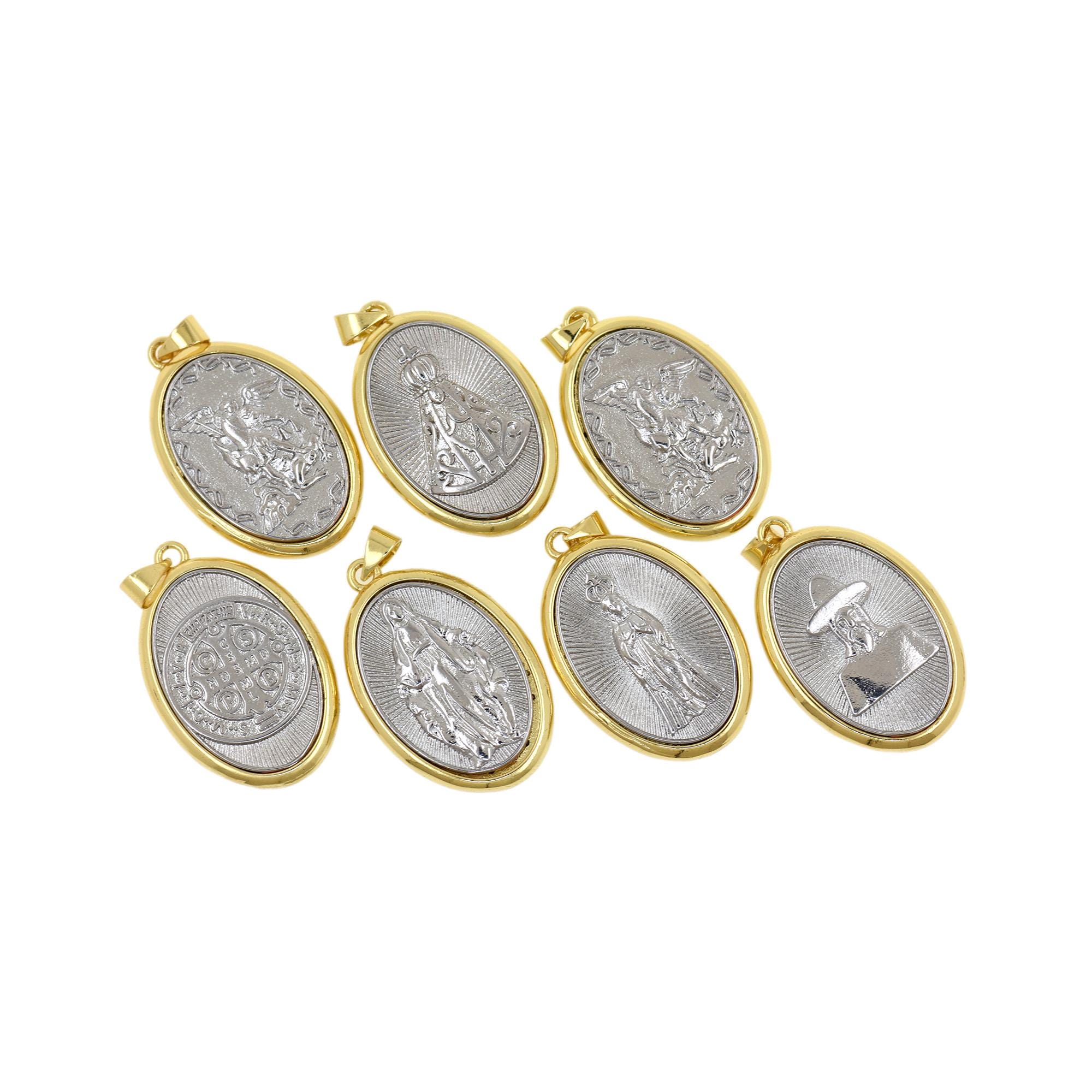 Set of 18K Gold Filled Oval Religious Medals Featuring Silver Saint ...