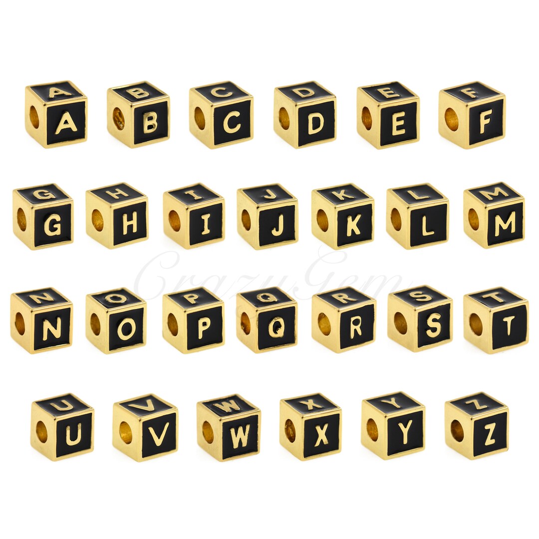 Black Enamel Cube Initial Alphabet Beads for Bracelets and Jewelry ...