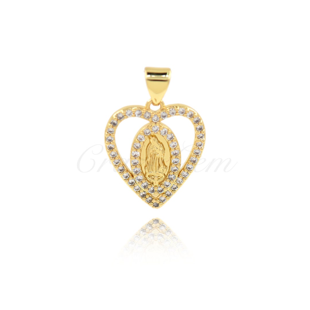 CZ Microset Pave Heart Virgin Mary Pendant, Virgin Mary Charm ...
