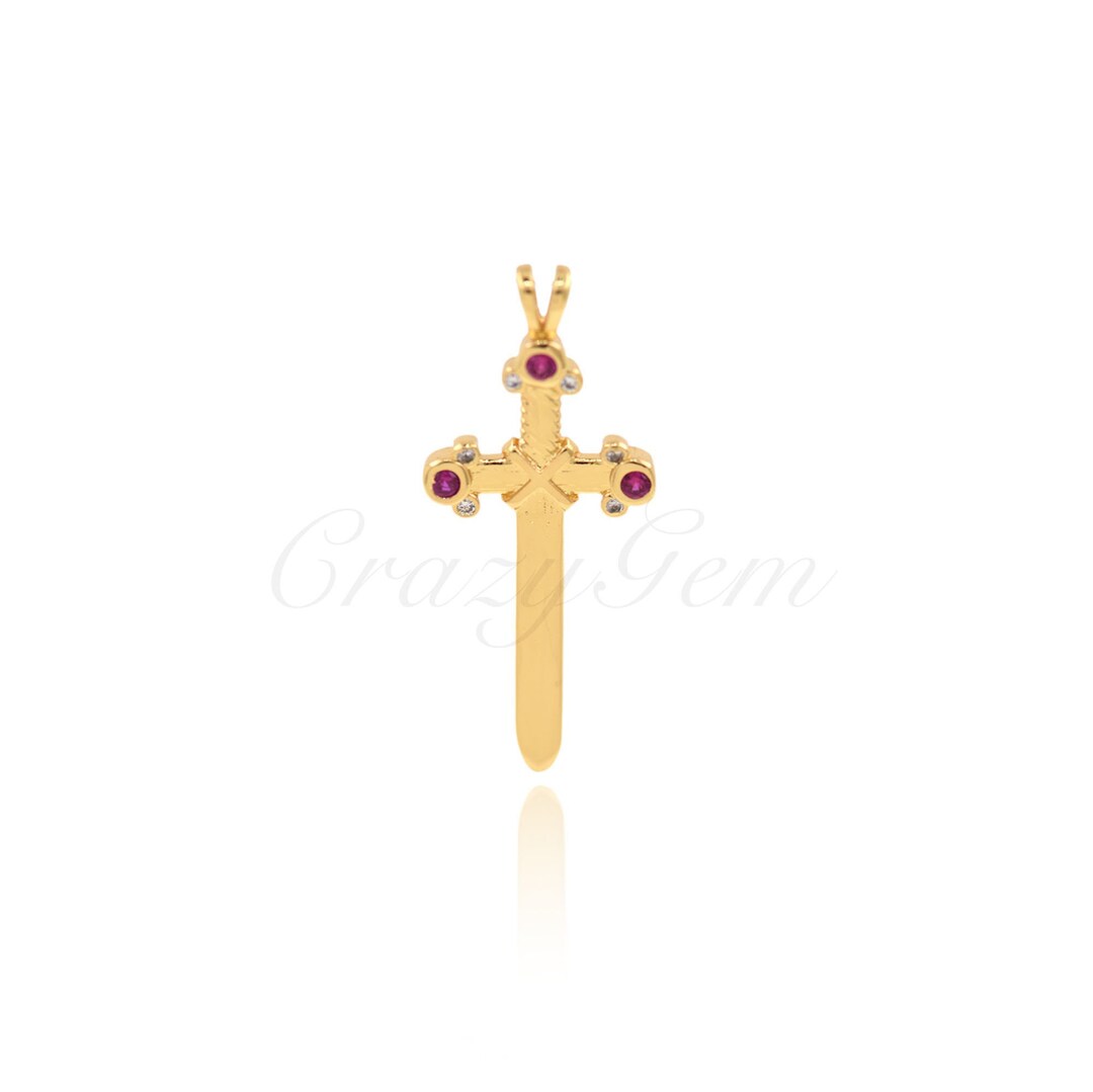 Gold Plated Brass Set With Zircon Sword Necklace Pendant, Delicate ...