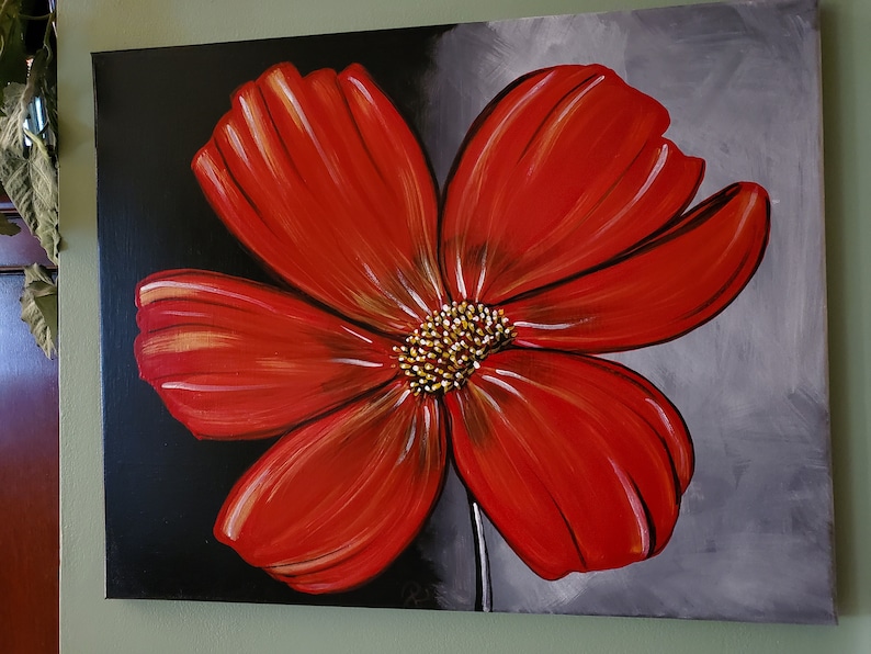 Red Abstract Flower Painting, Red Floral Artwork, Large Red Flower ...