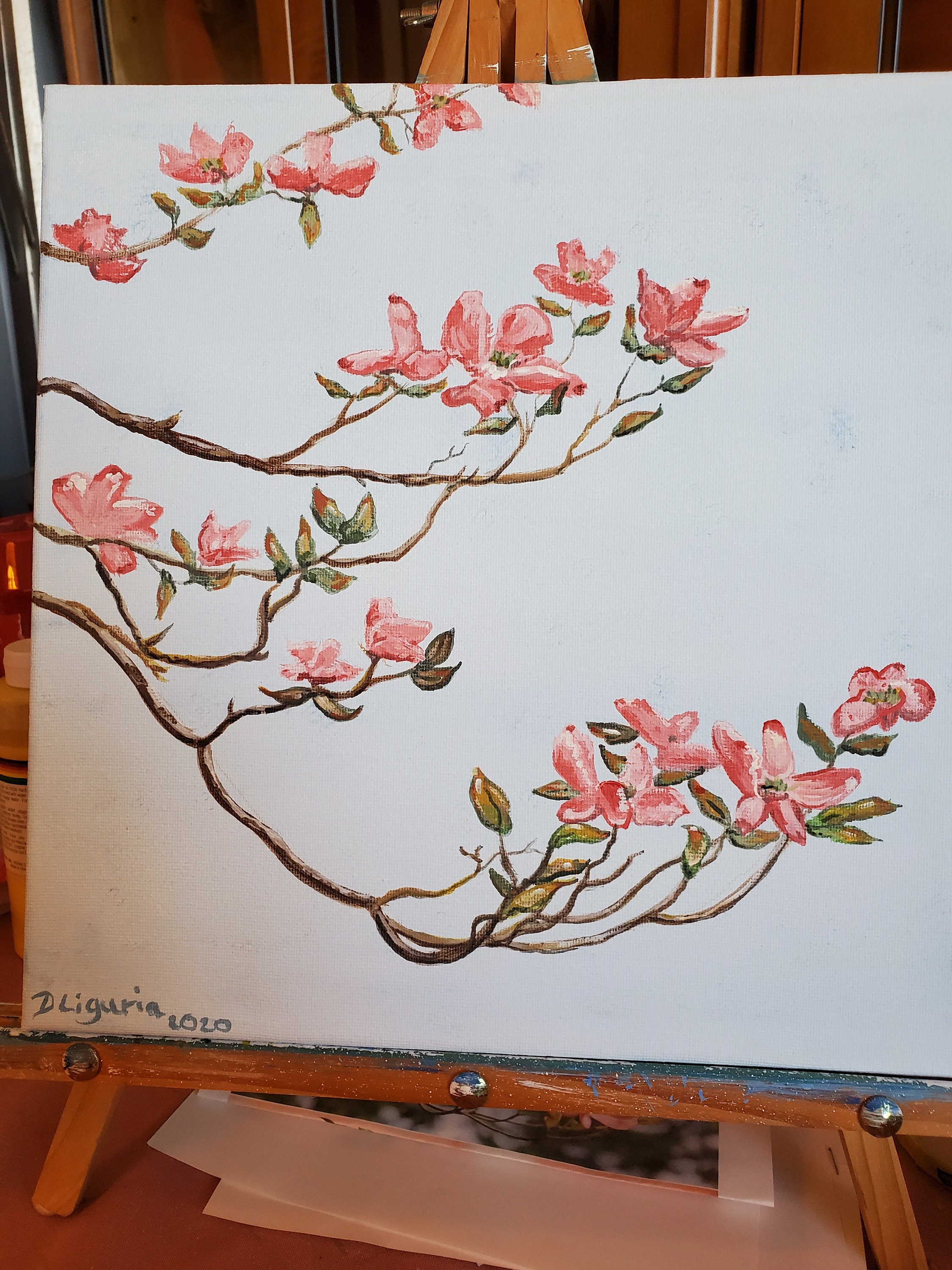 Flowering Dogwood Painting, Acrylic Paint Pink Dogwood Branches Canvas ...