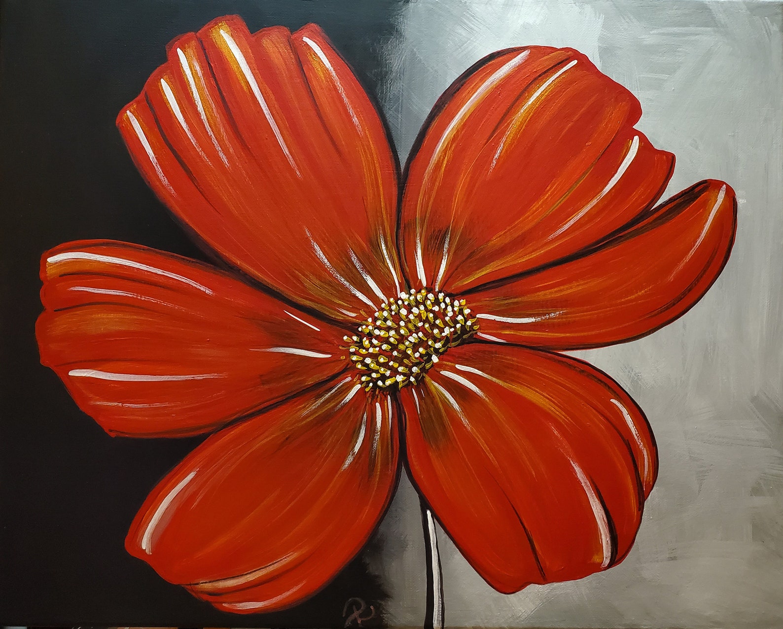 Red Abstract Flower Painting, Red Floral Artwork, Large Red Flower ...