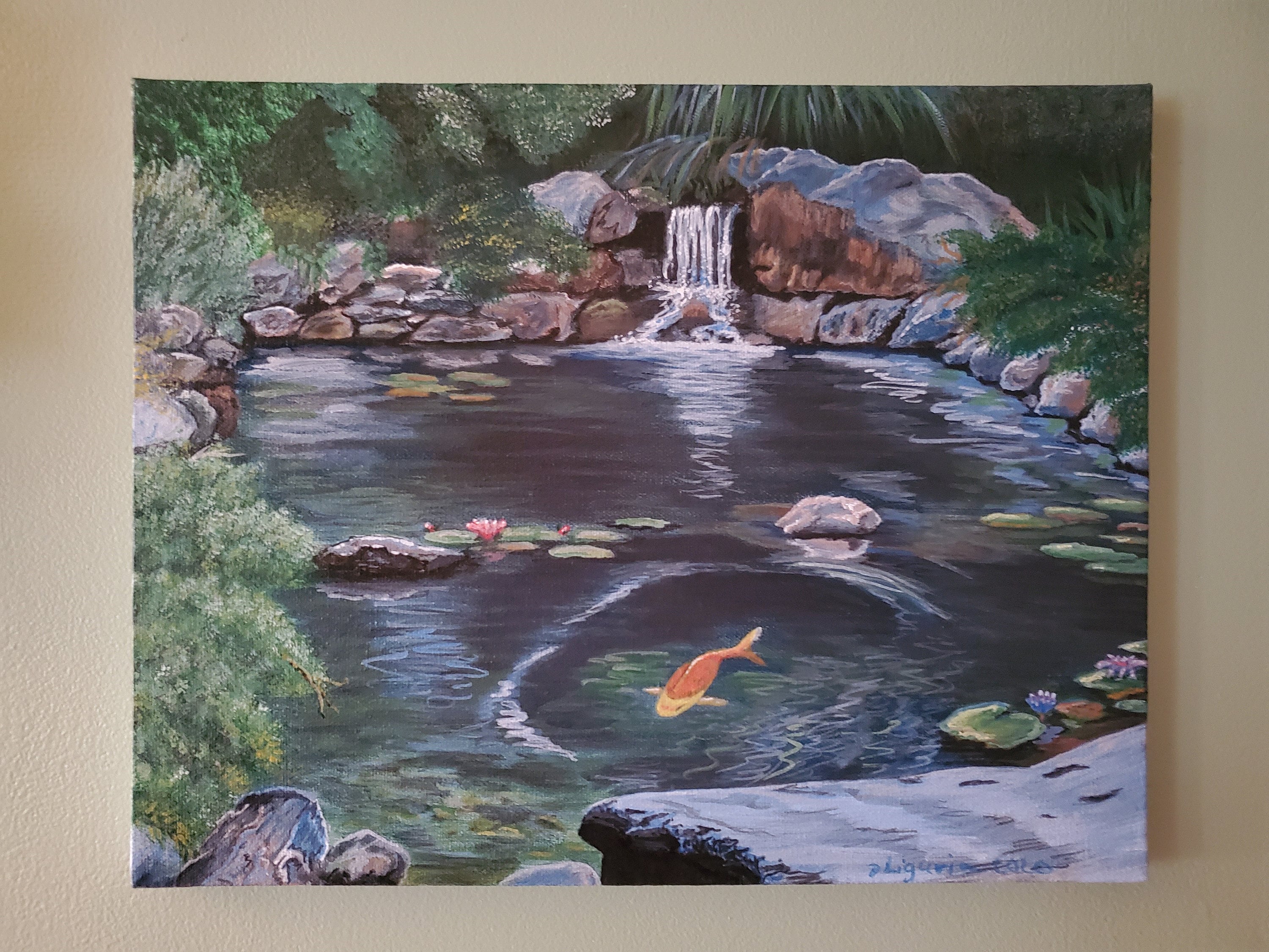 Koi Pond Waterfall, Koi Fish Painting Original Art, Acrylic Landscape ...