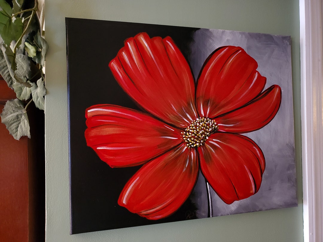 Red Abstract Flower Painting, Red Floral Artwork, Large Red Flower ...