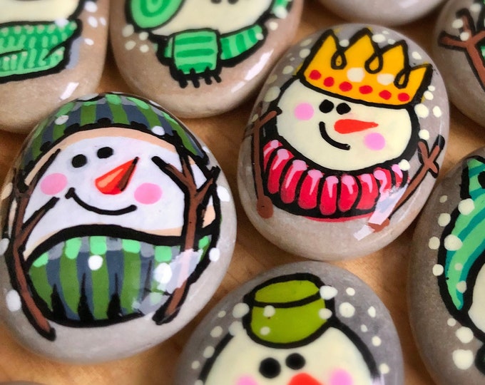 Snowman Pocket Rocks Very Small, Hand-painted Snow Man Stones Sets of 8 ...