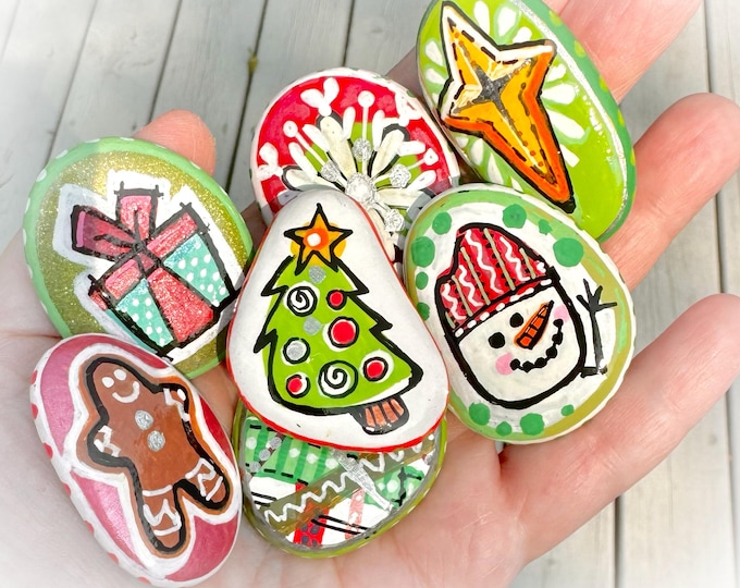 Set of 7 Small Christmas Painted Rocks · Stocking Stuffer · Secret ...