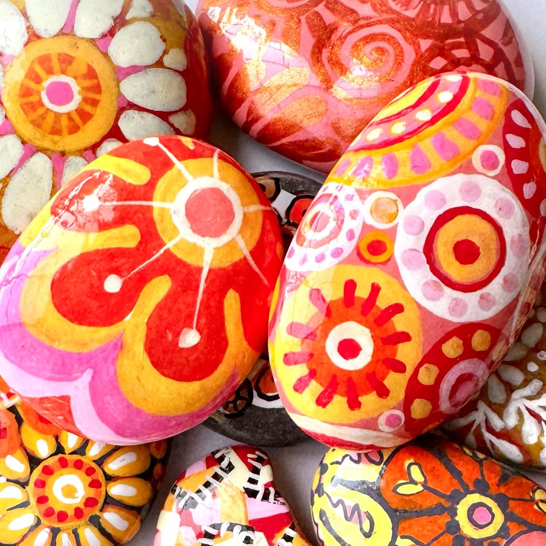 Set of 9 Small, Special Hand-painted Stones · Folk Art-style Floral ...
