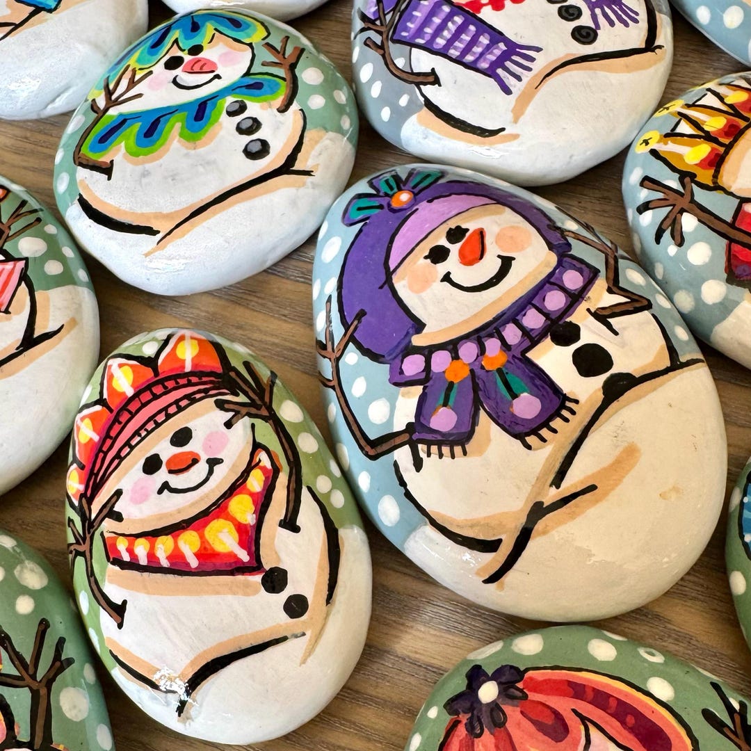 Sets of 3 Snowman Painted Rocks · Buy a Family of Snow Man Art Stones ...