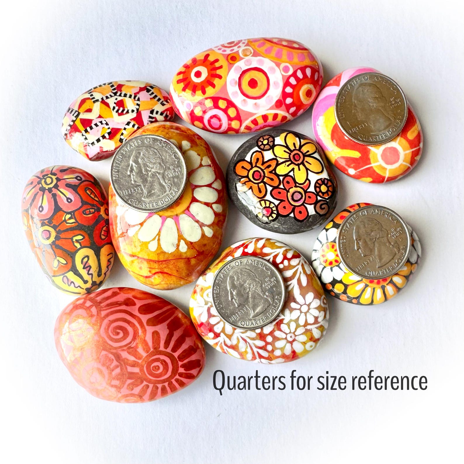 Set of 9 Small, Special Hand-painted Stones · Folk Art-style Floral ...