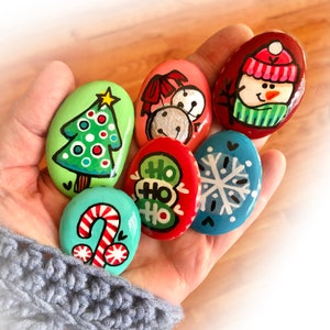 6 Christmas Painted Pebbles in a Cotton Drawstring Bag Stocking Stuffer ...
