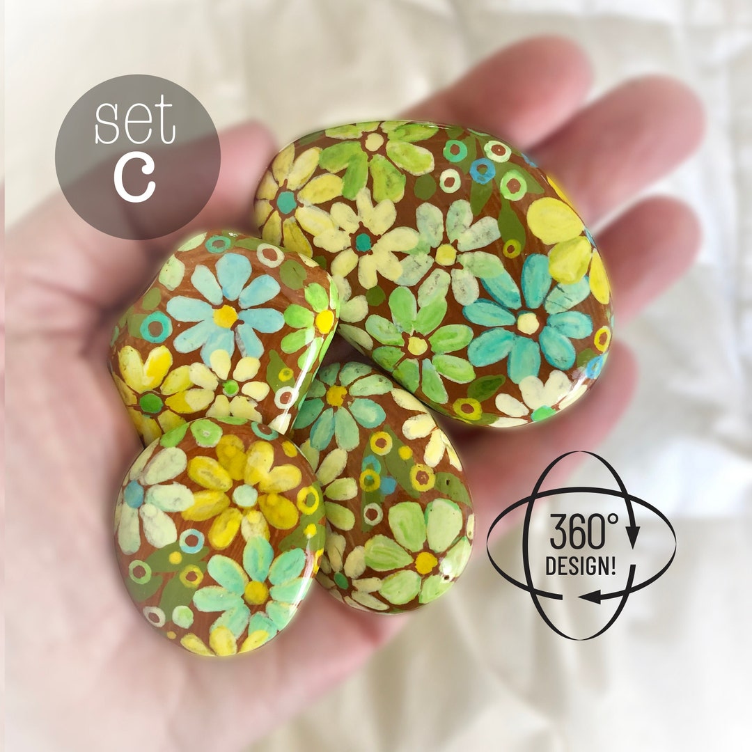Only One Set Left! Unique Set of 4 Floral Painted Stones · Kindness ...