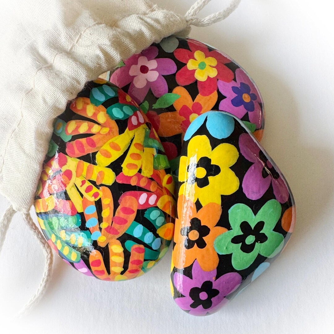 Three Special Hand-painted Stones · Folk Art-style Floral Kindness ...