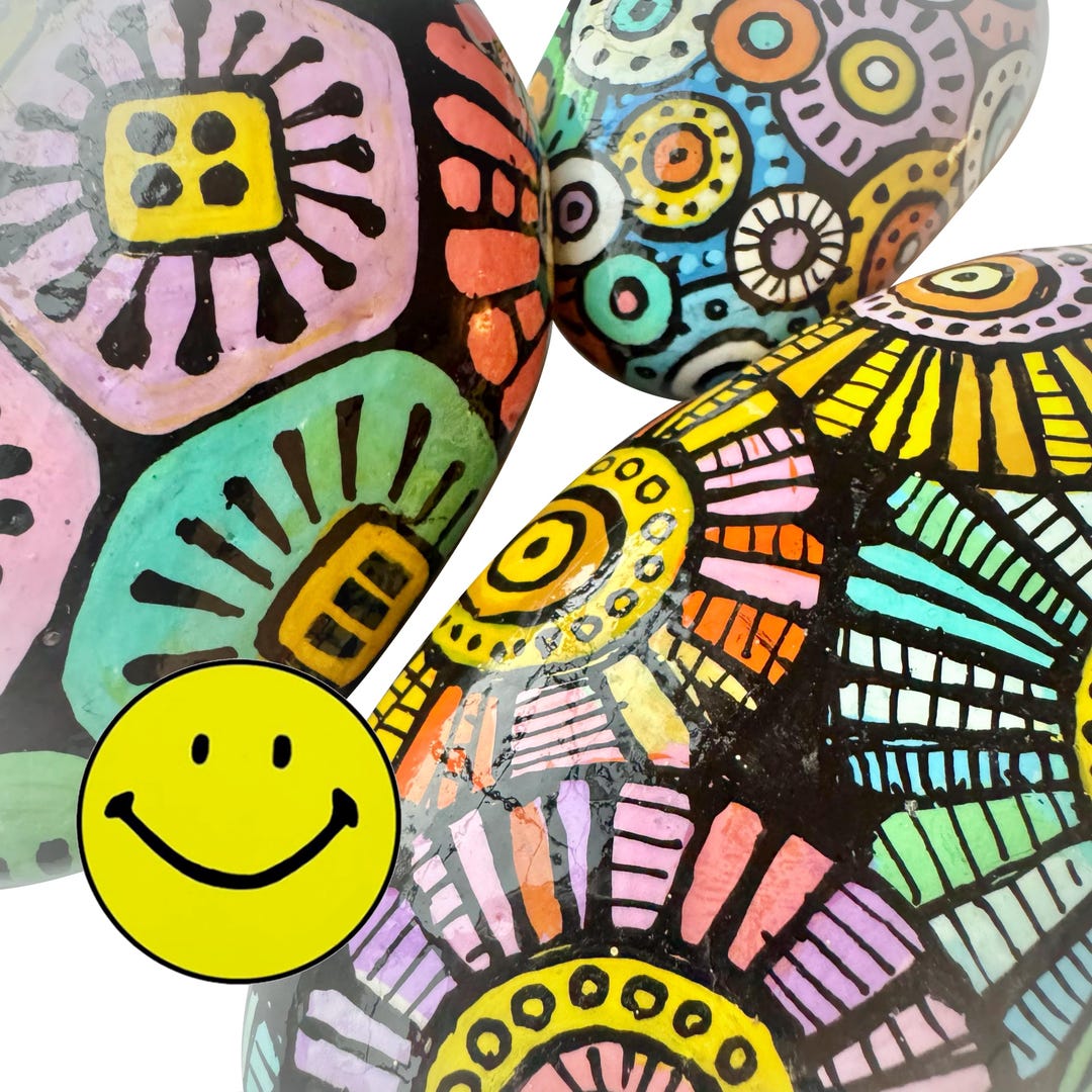 Set of 3 Fun and Colorful Hand-painted Art Rocks · Unique Doodle ...