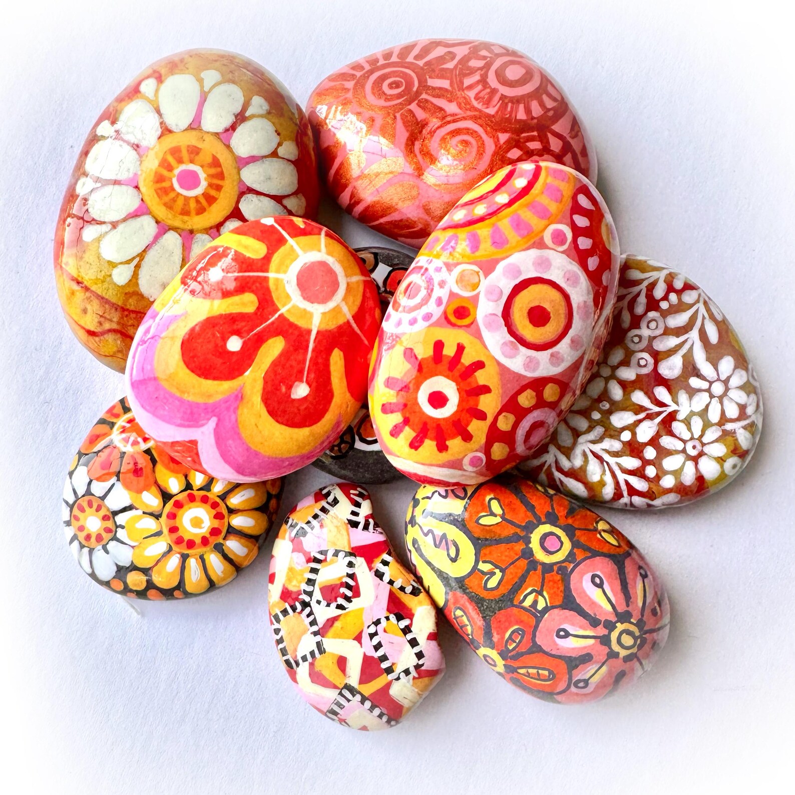 Set of 9 Small, Special Hand-painted Stones · Folk Art-style Floral ...