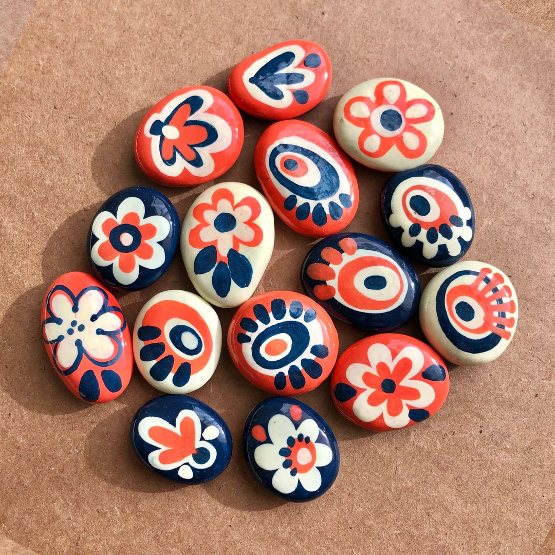 Fun, Colorful, Very Small Painted Rocks · Navy, Orange and Cream Colors ...