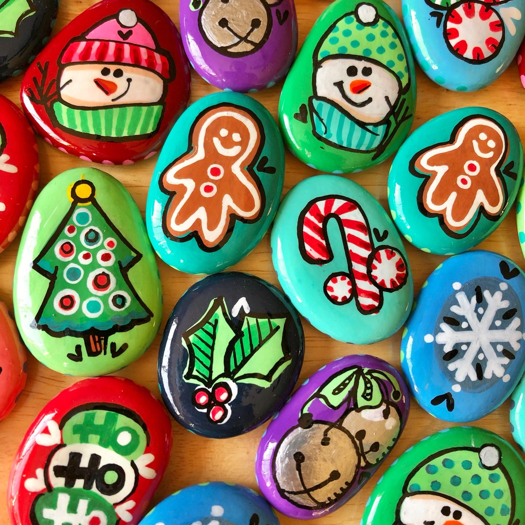 6 Christmas Painted Pebbles in a Cotton Drawstring Bag Stocking Stuffer ...