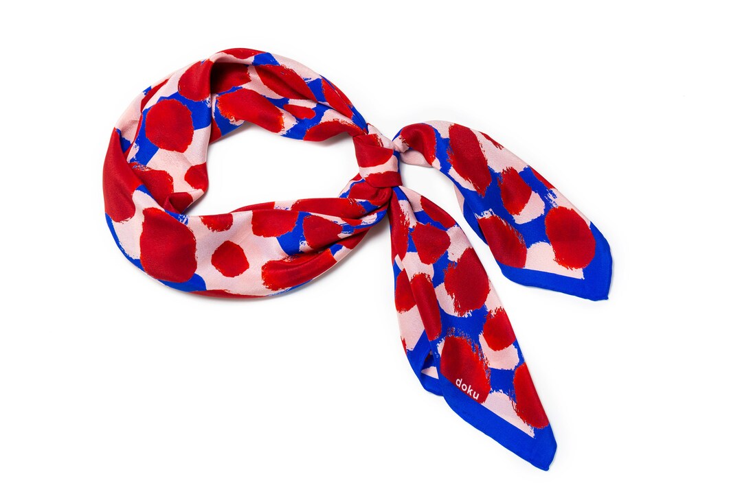 Silk Square Scarf With Red and Blue Illustrated Pattern, Silk Bandana ...