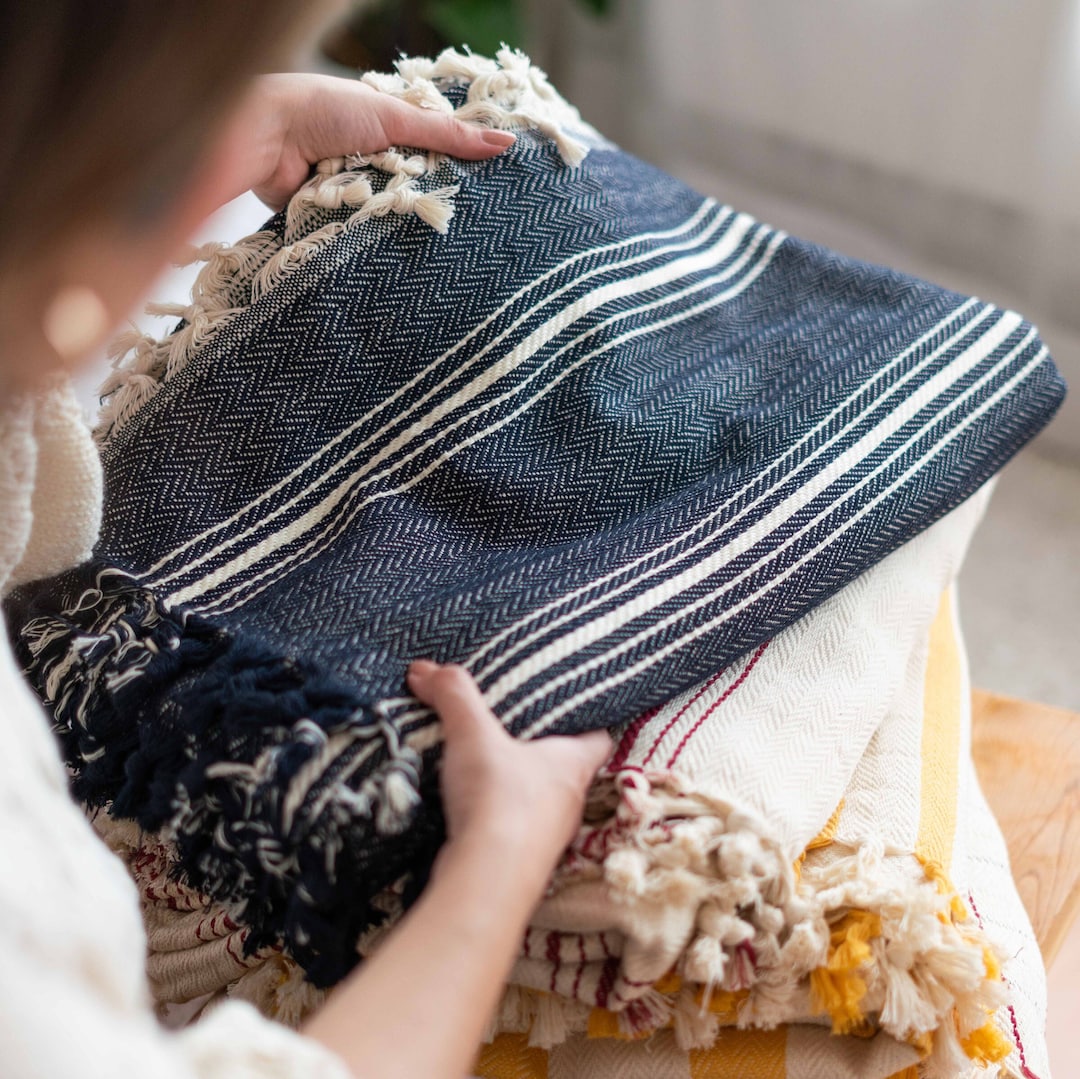 Navy Cotton Throw Blanket, Soft Tassel Throw Blanket, King Size ...