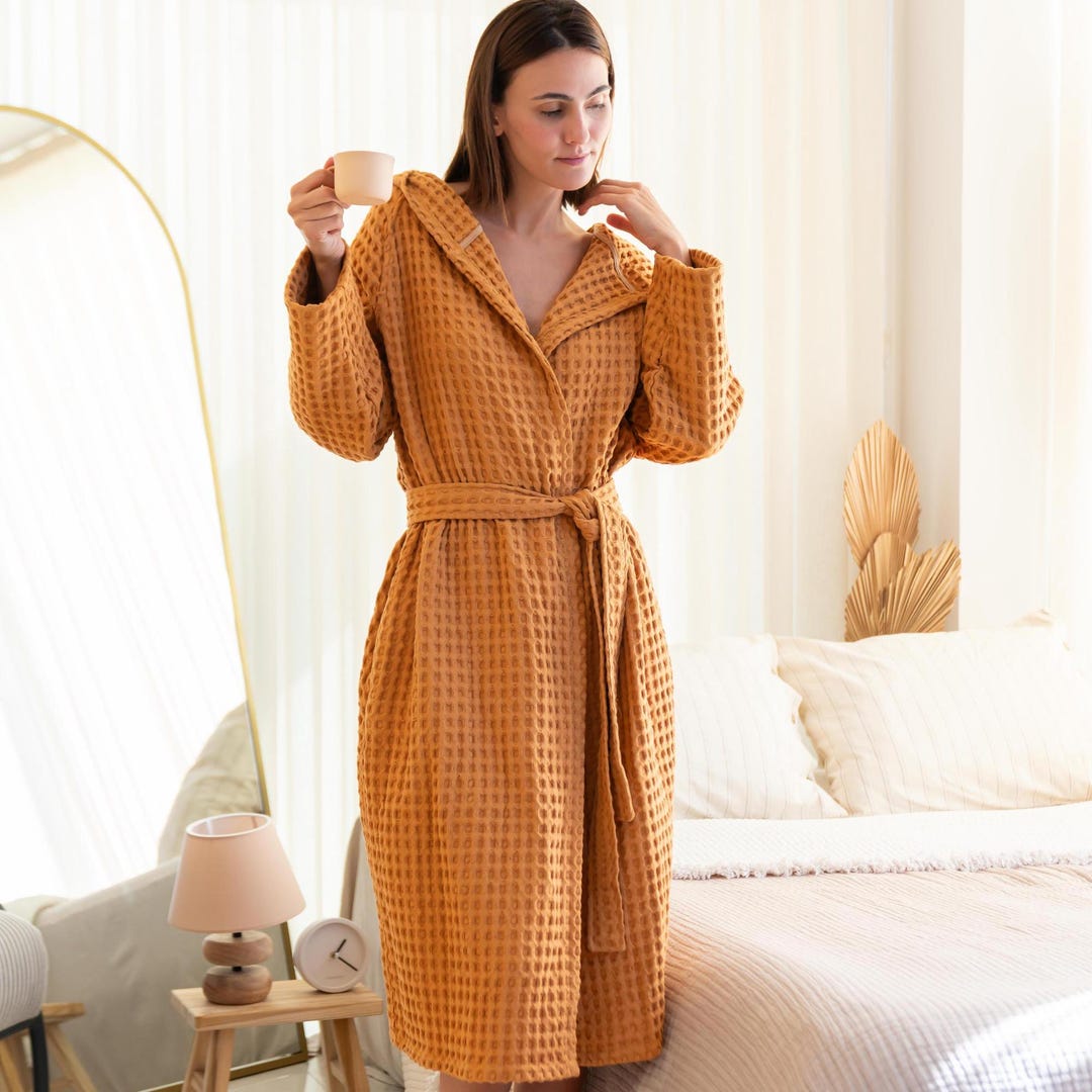 Organic Waffle Weave Bathrobe, Elegant Woven Cotton Robe, Dressing Gown ...