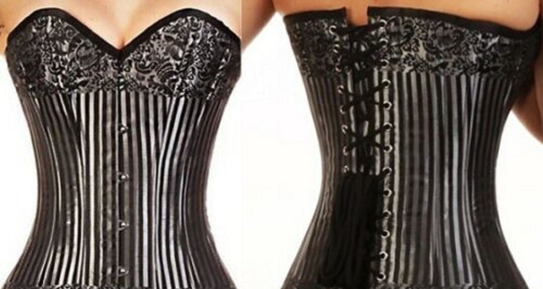 Silver Black Gothic Goth Lace up Boned Steampunk Overbust Corset Top ...