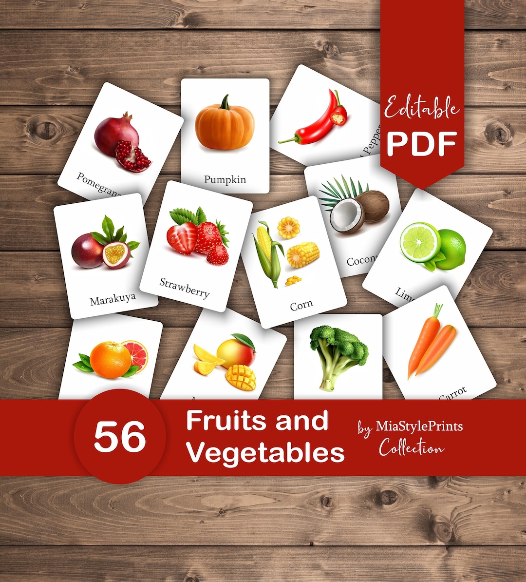 FRUITS and VEGETABLES Flash Cards Plus GIFT Coloring Book. 56 Editable ...