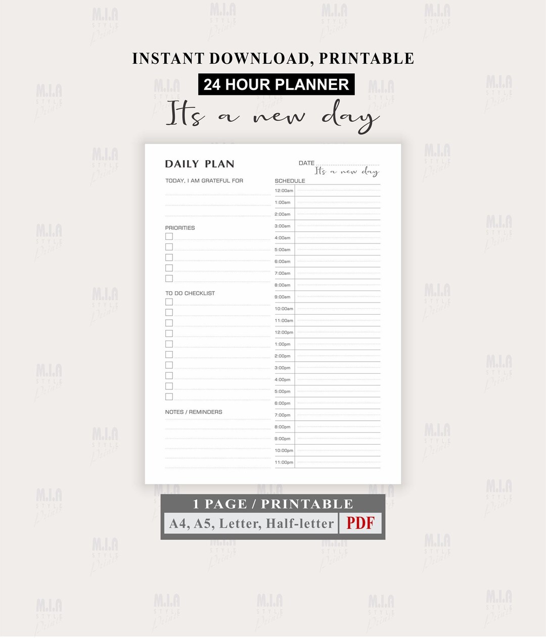 Daily Planner Printable, 24 Hour Daily to Do List for Personal Work ...