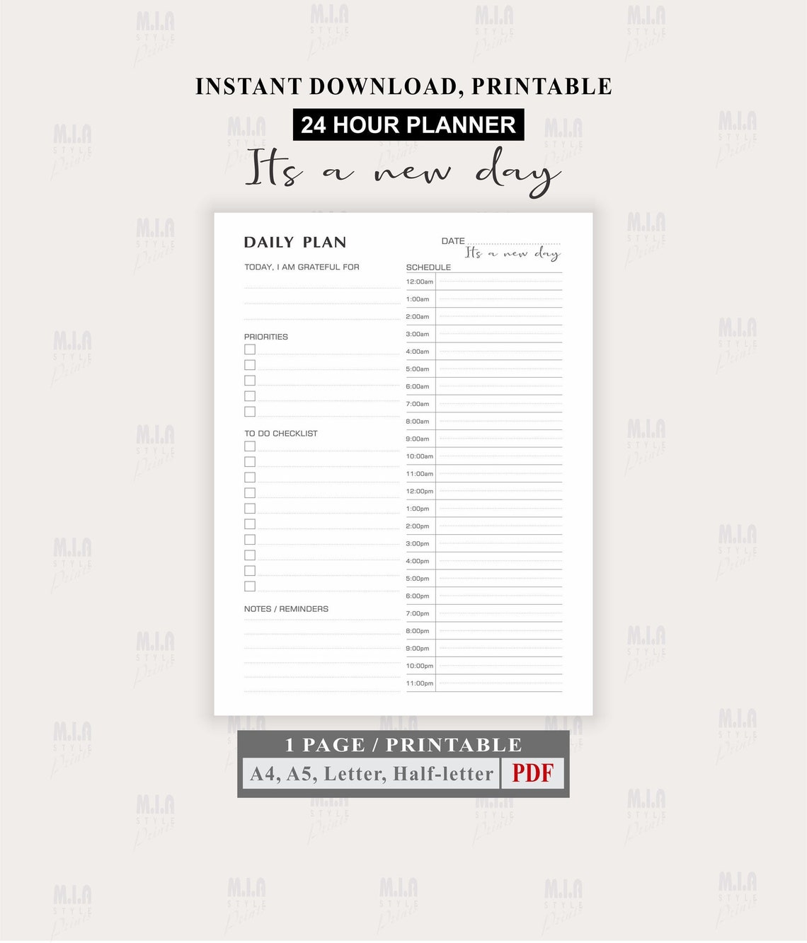 Daily Planner Printable 24 Hour Daily to Do List for Personal - Etsy