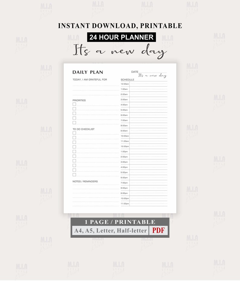 Daily Planner Printable, 24 Hour Daily to Do List for Personal Work ...