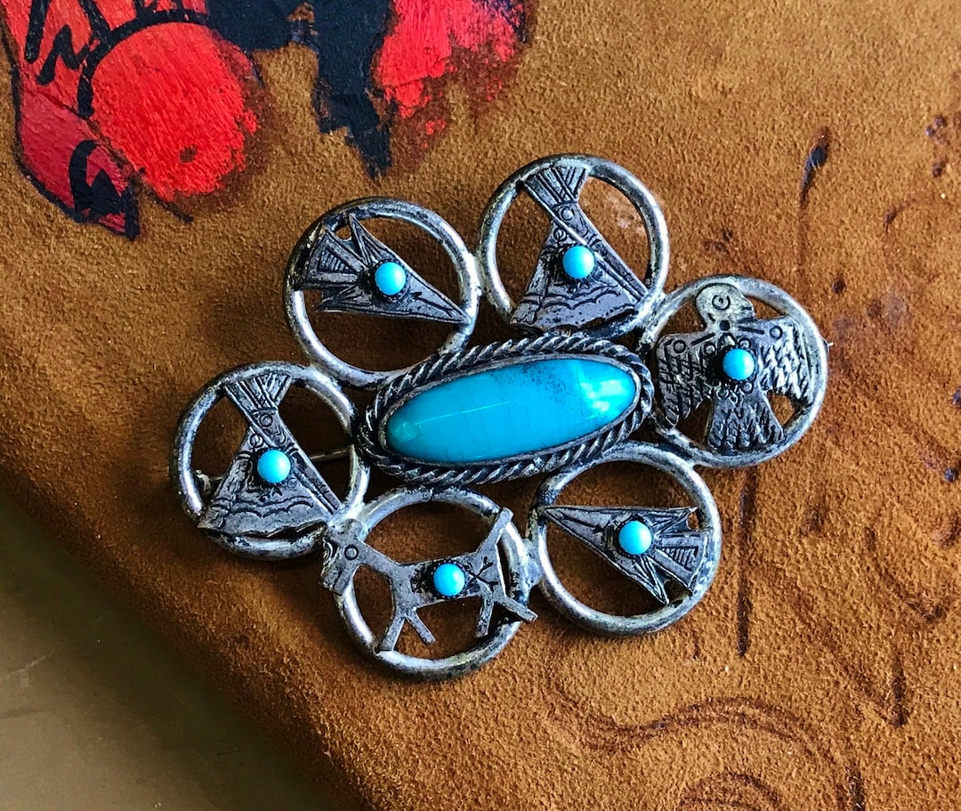 FRED HARVEY ERA Pin, Vintage Western Brooch, Glass Turquoise, Circle ...
