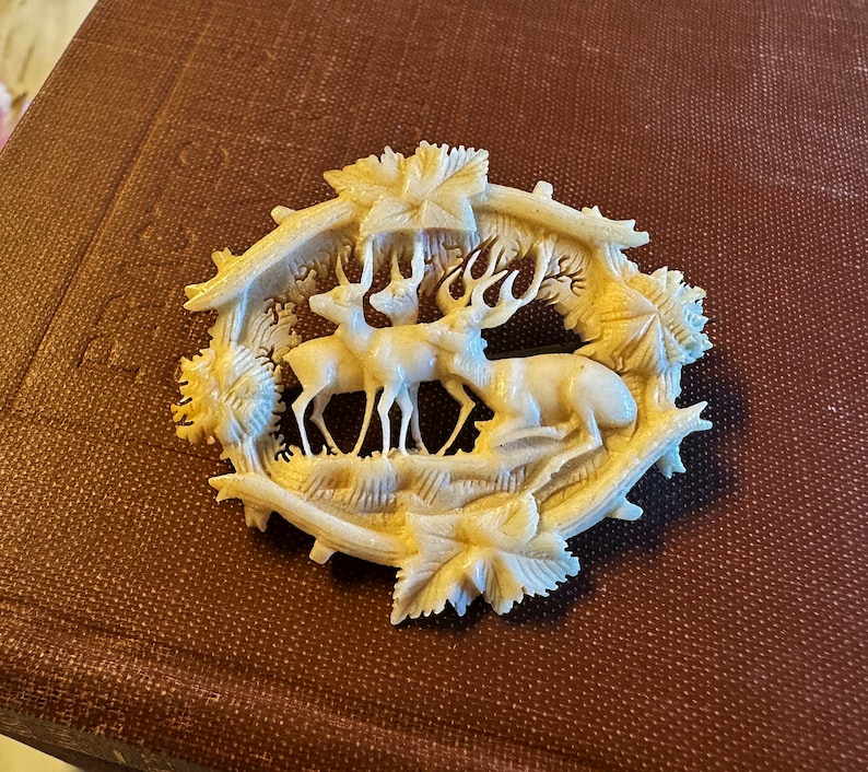 CARVED HORN STAG Pin, Delicate Antique Carved Antler Stag and 2 Deer ...