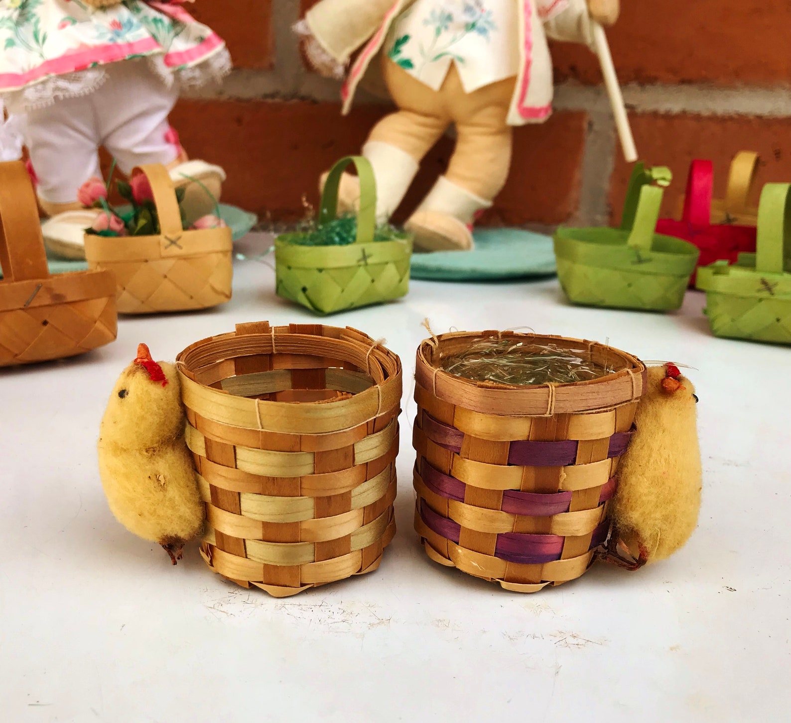 MINIATURE EASTER BASKETS, Made in Japan, Spun Cotton Chick, Hand Woven ...