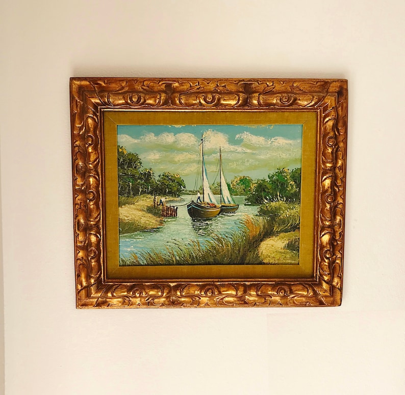 Vintage Coastal Marsh Oil Painting: Boats by L. Duchamp, Gold Frame - Etsy