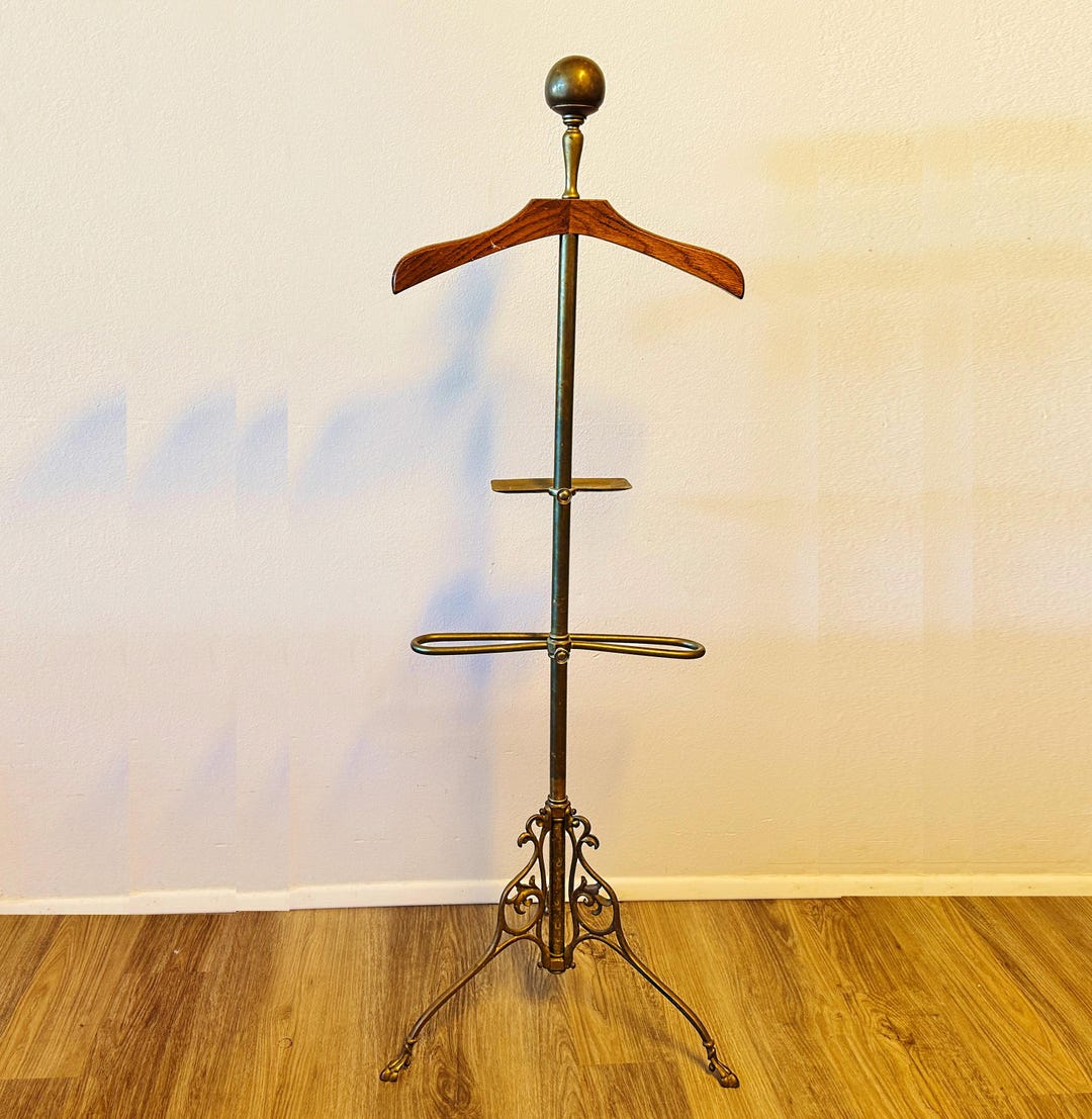 Men's Brass WOOD VALET STAND, Vintage Gentlemen's Clothes Butler, Coin ...