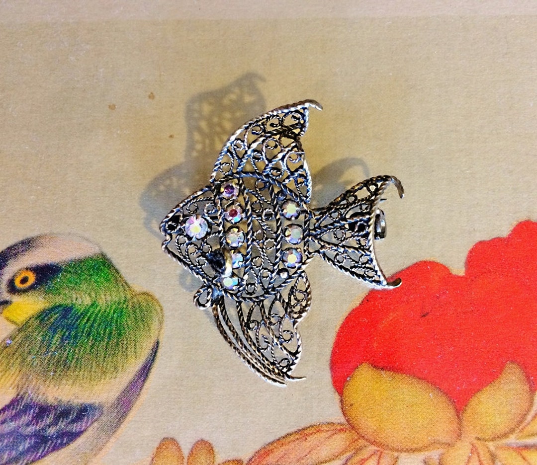 FILIGREE FISH PIN and Pendant, Rhinestone Fish Brooch, Gold Tone Metal ...