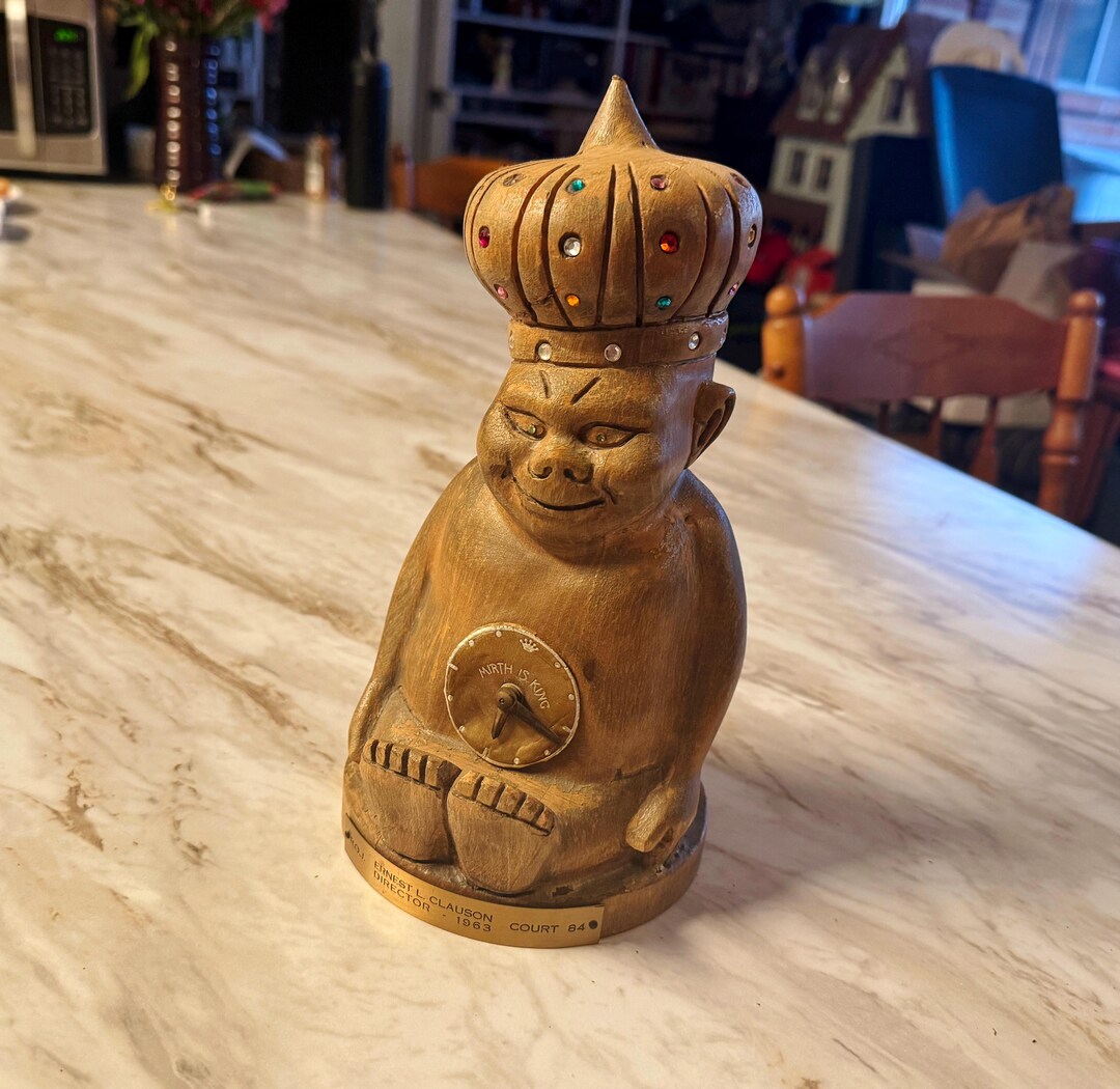 WOOD BILLIKEN CLOCK, Vintage Mirth is King Statue, Shriners Royal Order ...